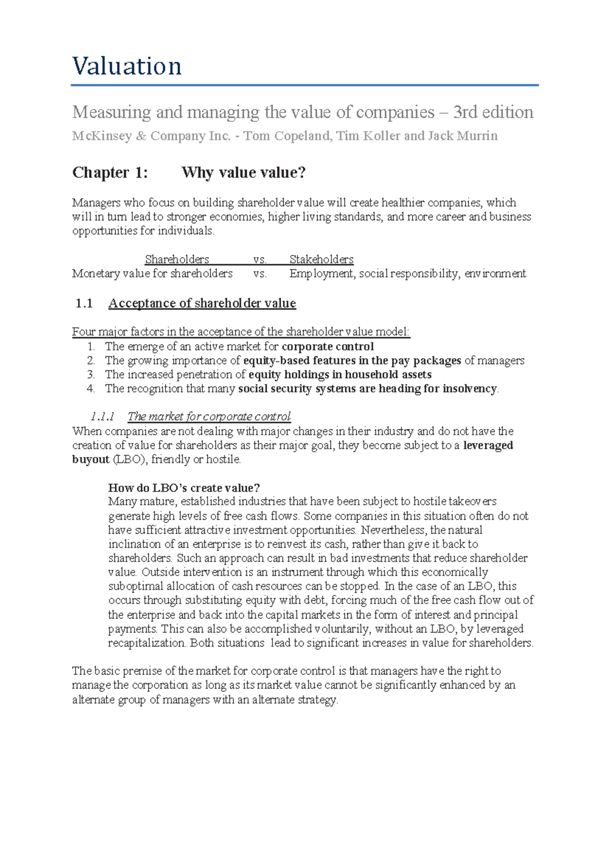 Summary Financial Managemen- Valuation, Measuring and Managing the ...
