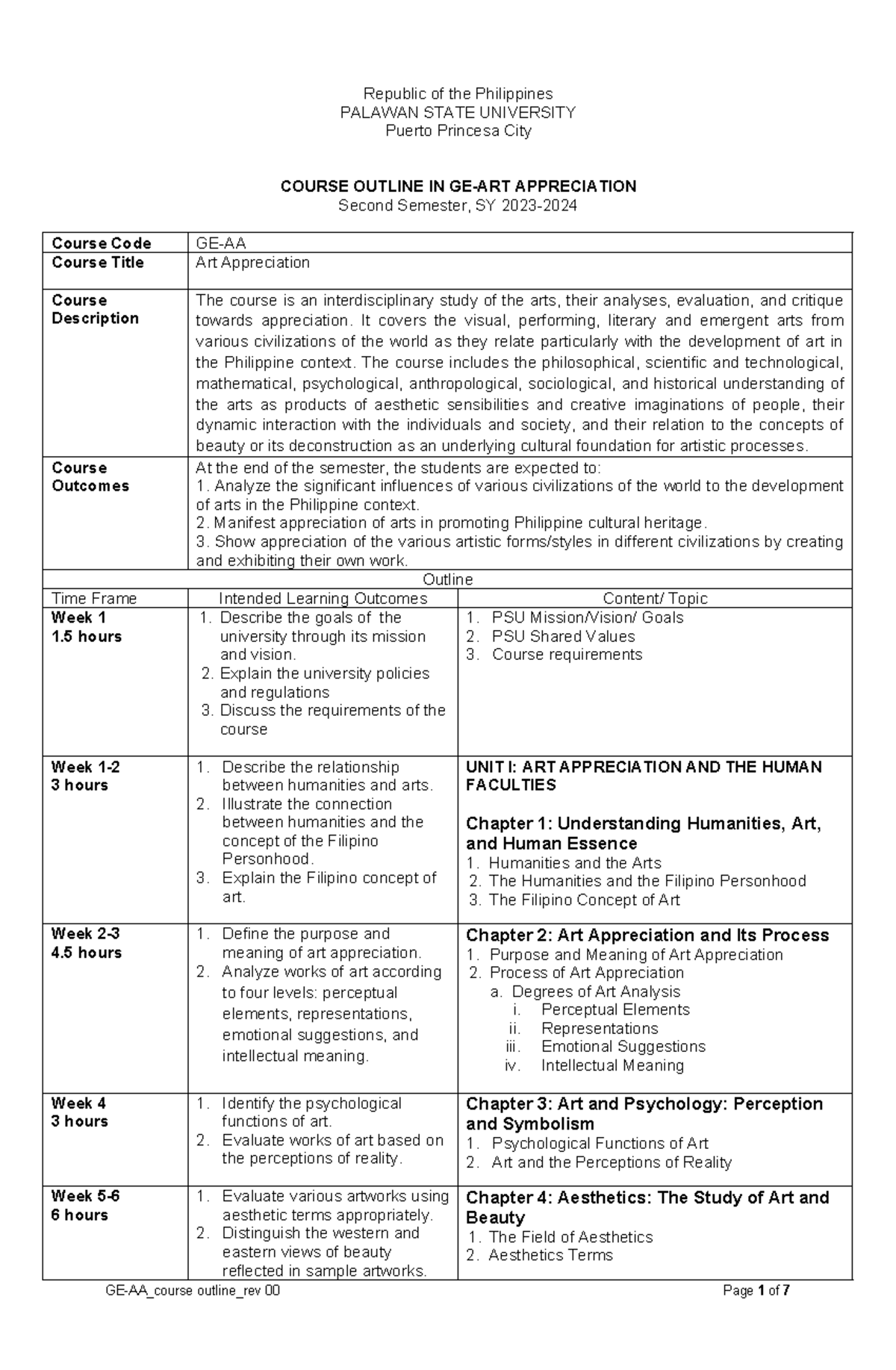 GE Art Appreciation Course Outline - Republic of the Philippines ...