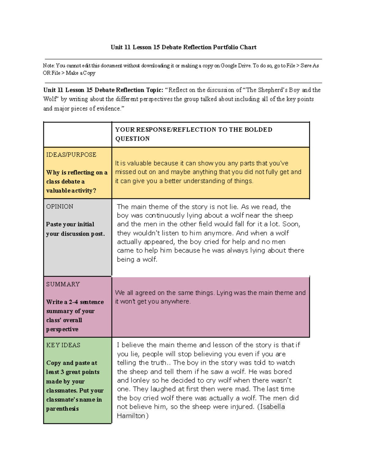 Unit 11 Lesson 15 Debate Reflection Portfolio Chart-2 Sample work and I ...
