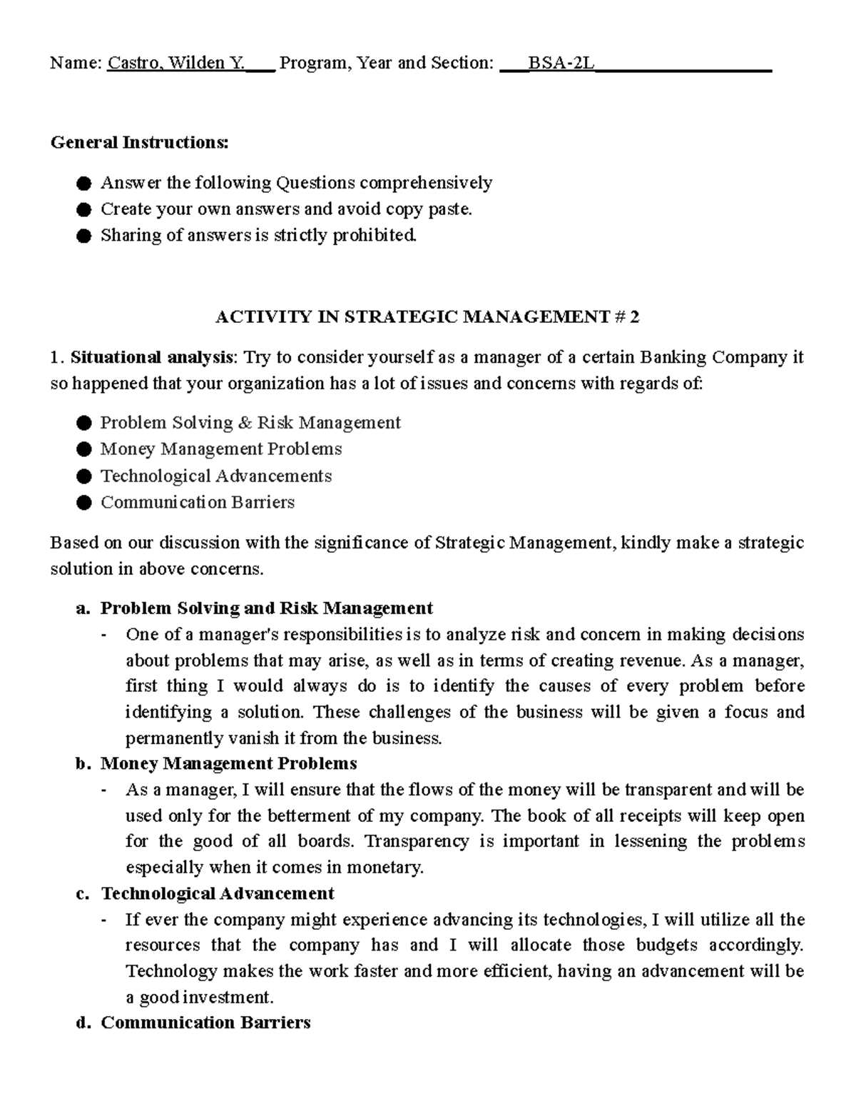 Strategic Management - Name: Castro, Wilden Y.___ Program, Year and ...