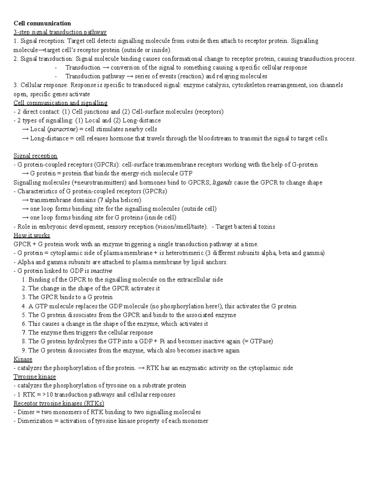 BIO1140 Midterm 2 - Cell communication 3-step signal transduction pathway Signal reception ...