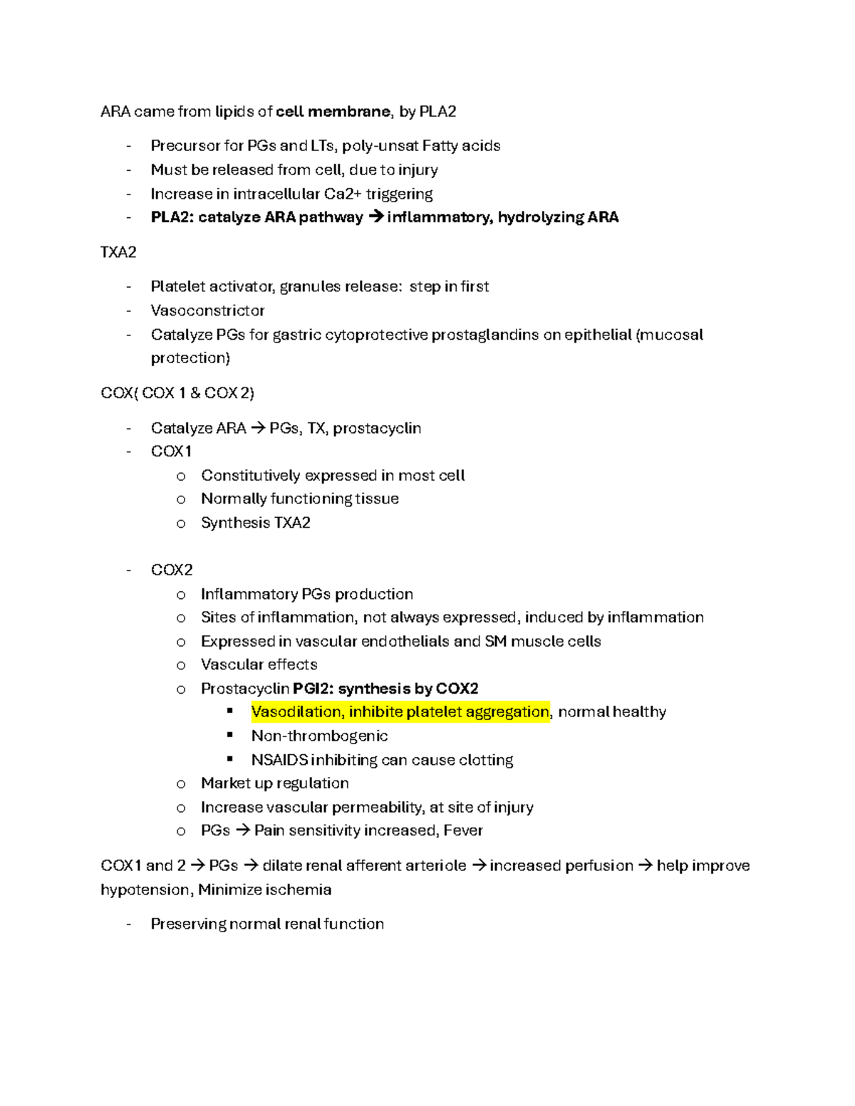 Nsaids - Summary Immunology - ARA came from lipids of cell membrane, by ...