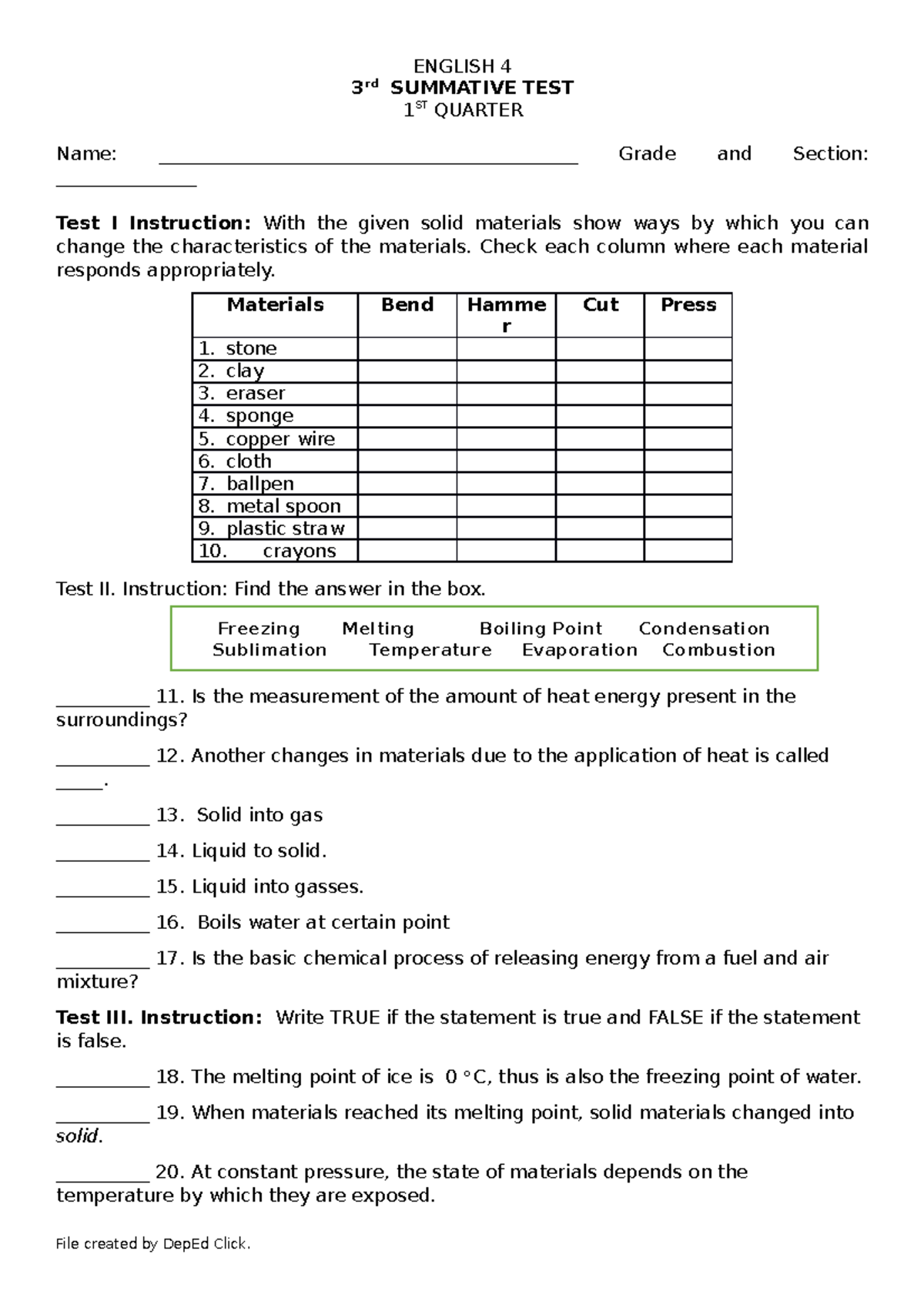 Science 4 ST3 Q1 - Summative Test - ENGLISH 4 3 rd SUMMATIVE TEST 1 ST ...