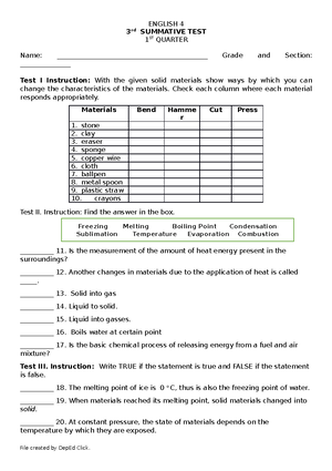 Health 4 ST3 Q1 - Summative Test - MAPEH 4 3 rd SUMMATIVE TEST 1ST ...