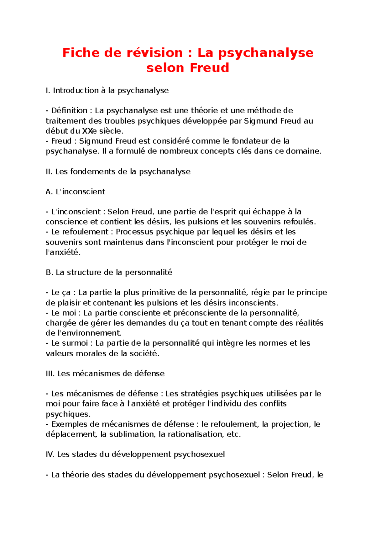 Fiche de révision La psychanalyse selon Freud - Fiche de révision : La psychanalyse selon Freud ...