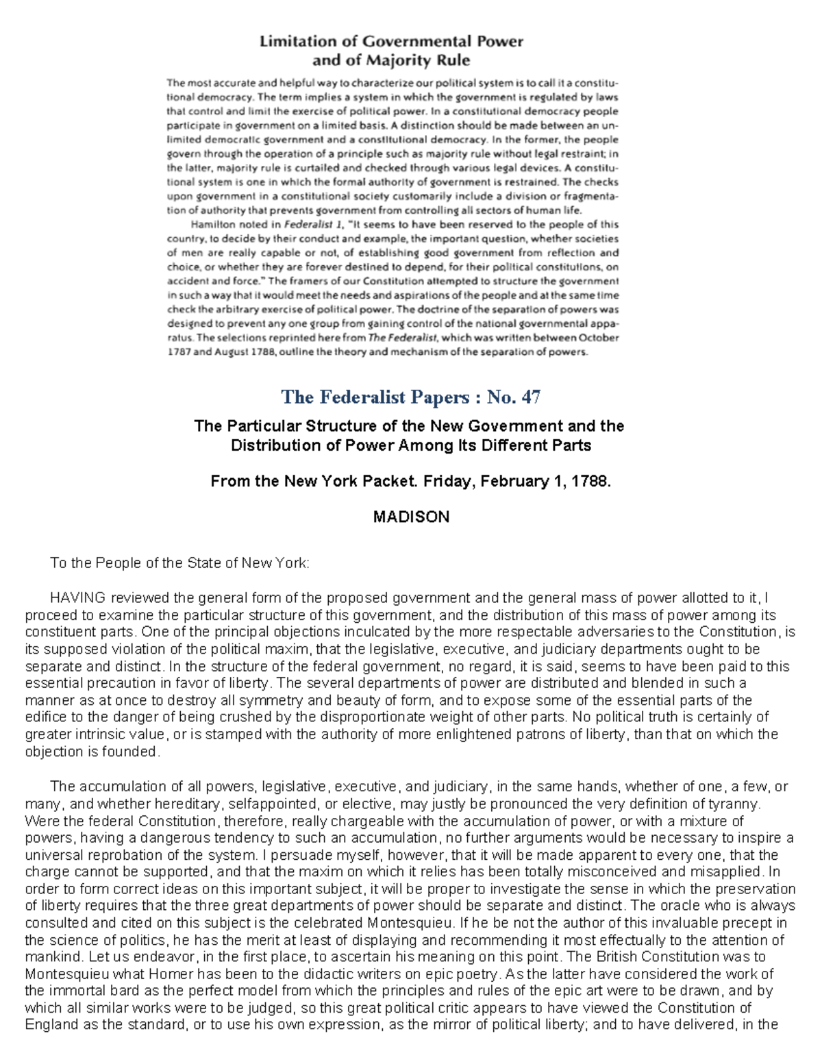 The Federalist Papers 47, 48, 51 (1) - The Federalist Papers : No. 47 ...