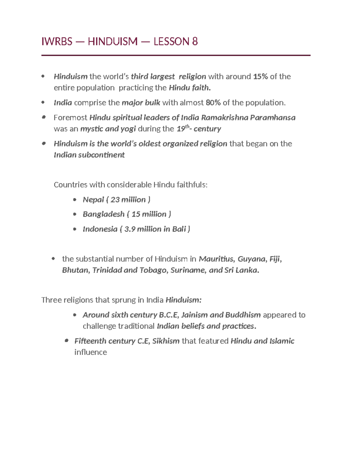 Document-10 - Goodluck - IWRBS — HINDUISM — LESSON 8 Hinduism the world ...