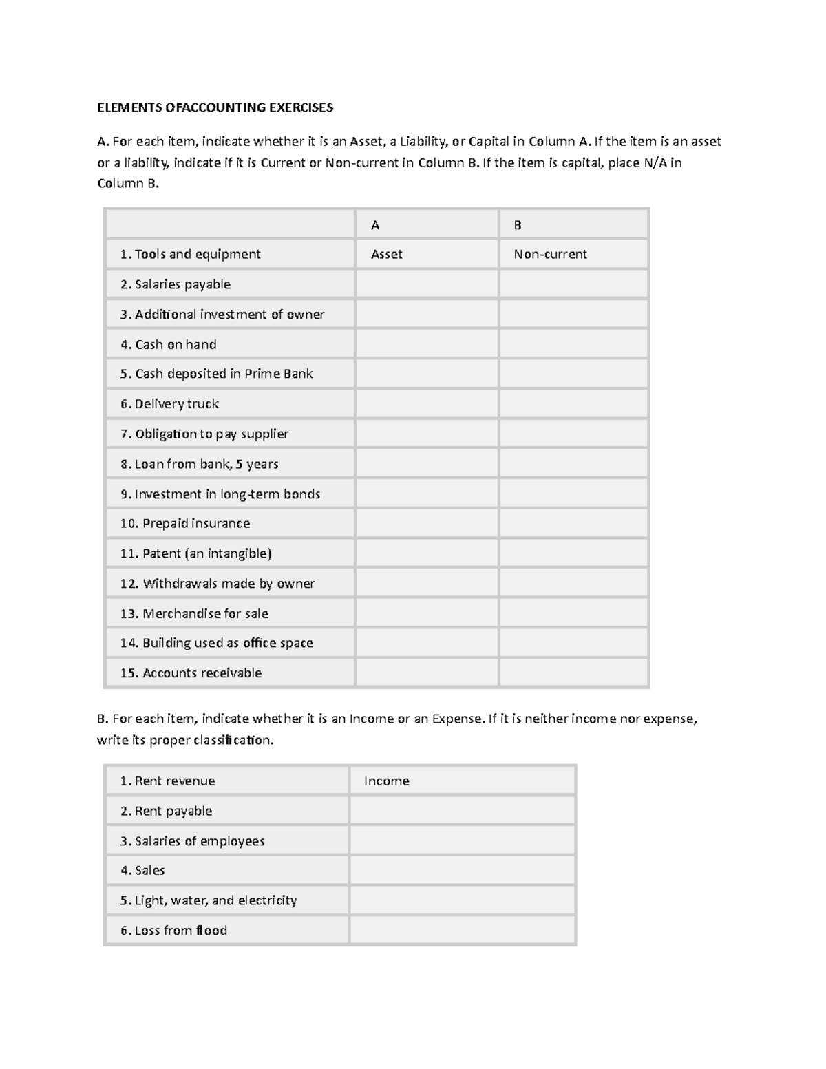 Accounting Exercises - ELEMENTS OFACCOUNTING EXERCISES A. For each item ...