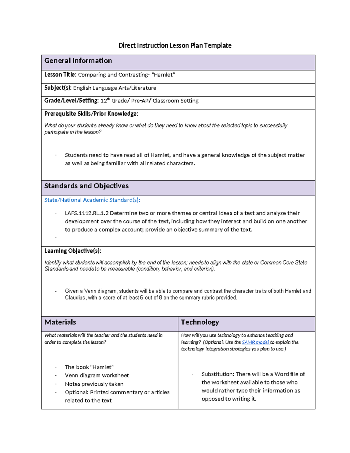 Lesson Plan - Standards and Objectives State/National Academic Standard ...