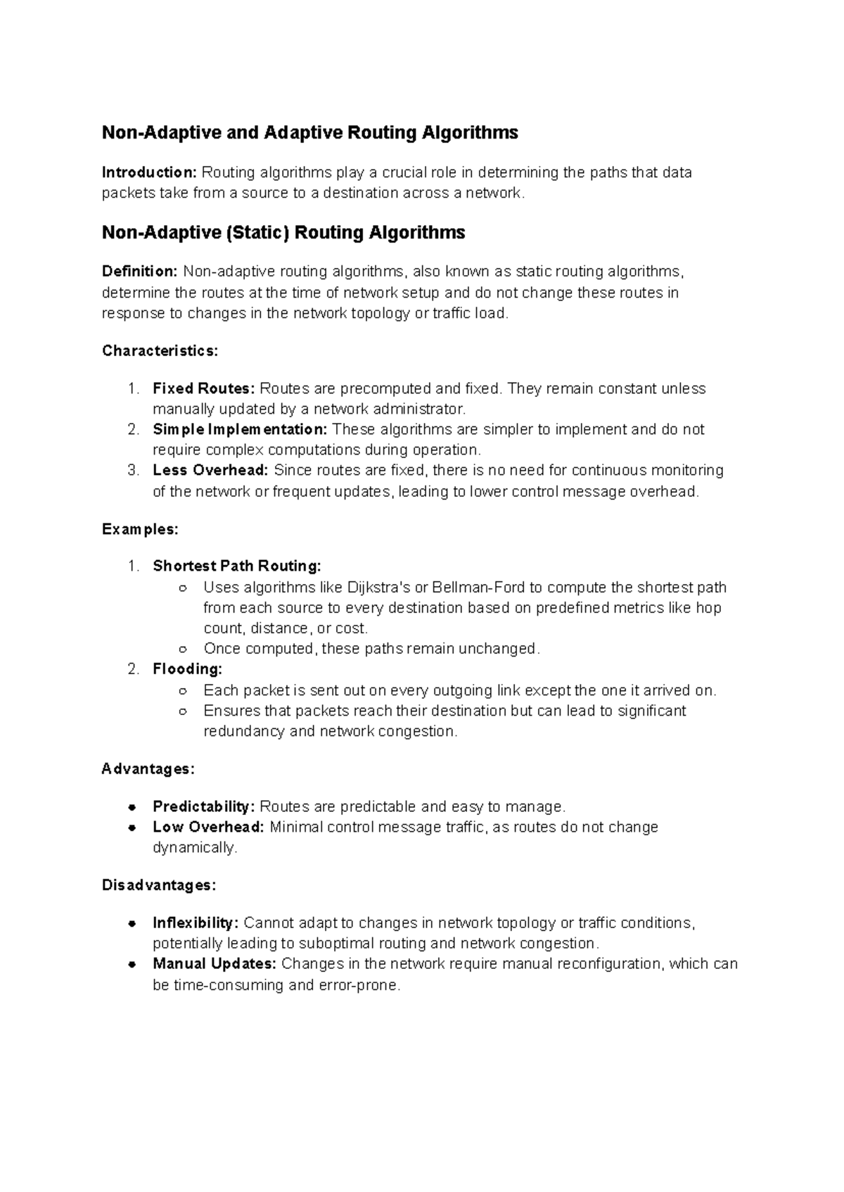 Routing Algorithms - Non-Adaptive (Static) Routing Algorithms Definition: Non-adaptive routing ...