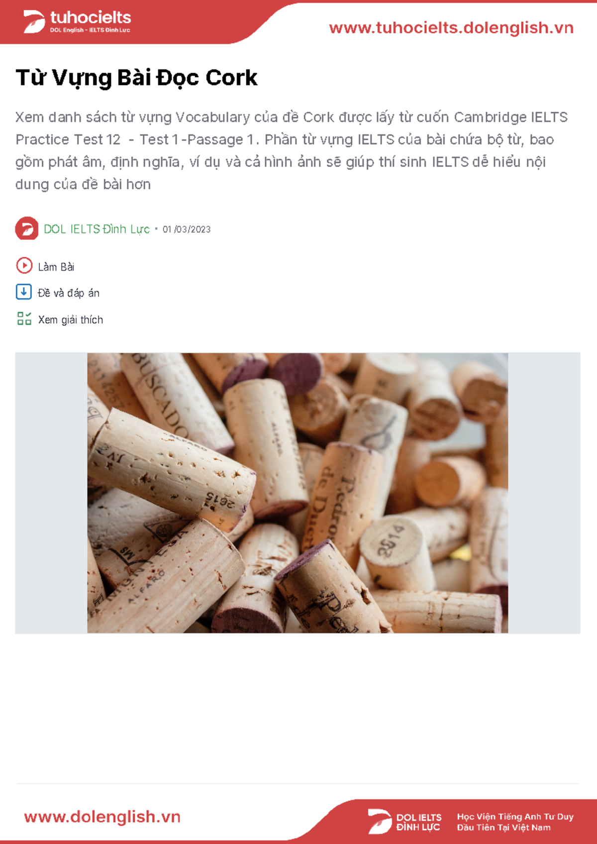cork reading ielts - DOL IELTS Đình Lực Từ Vựng Bài Đọc Cork Xem danh ...