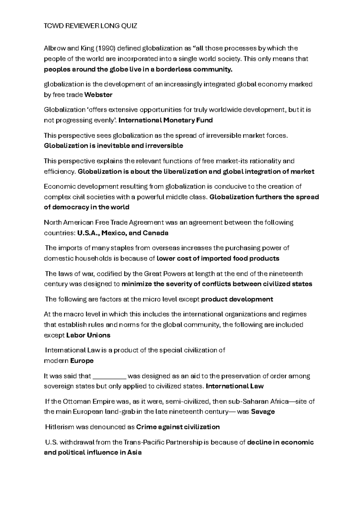 Reviewer TCWD LONG QUIZ - Albrow and King (1990) defined globalization ...