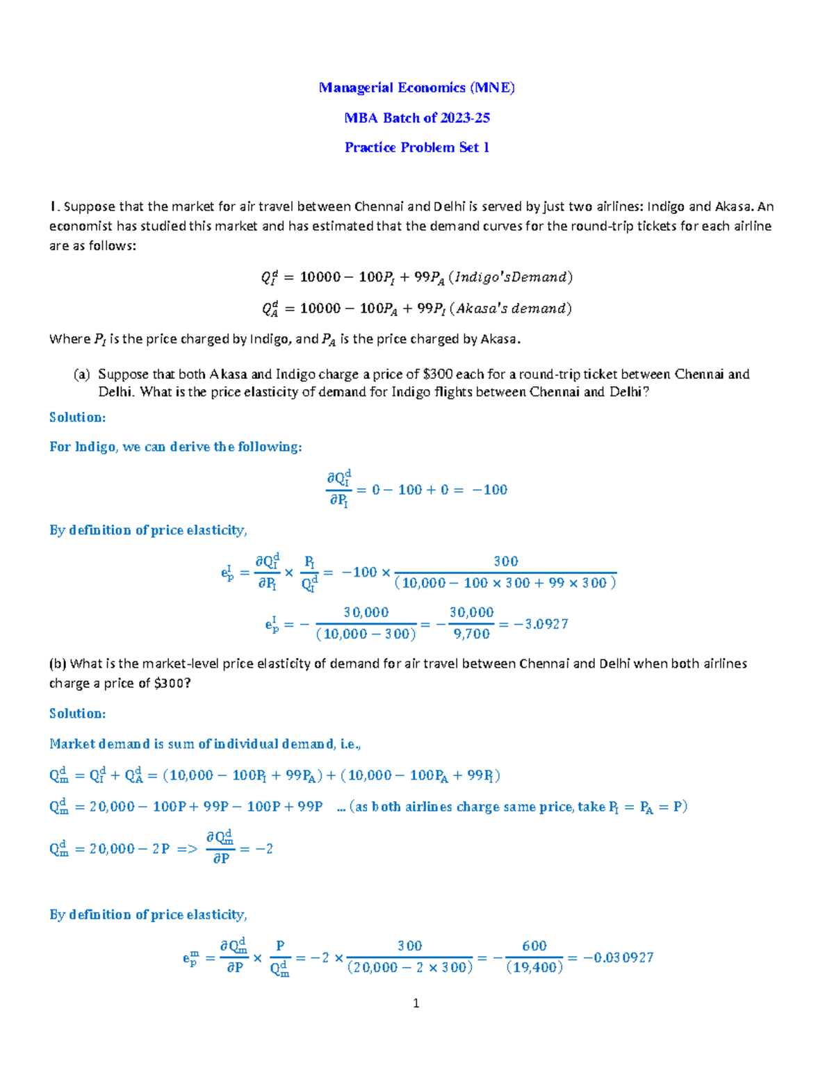 Practice Problem Set 1-Solution Key 892432876 - Managerial Economics (MNE) MBA Batch of 2023 ...