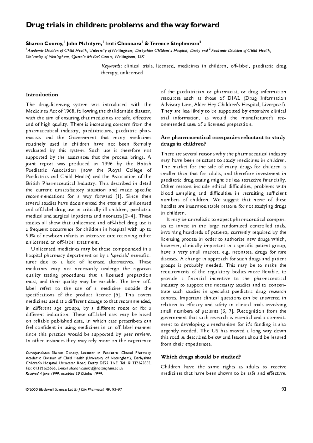 Bcp0055 - Articoli utili - Drug trials in children: problems and the ...