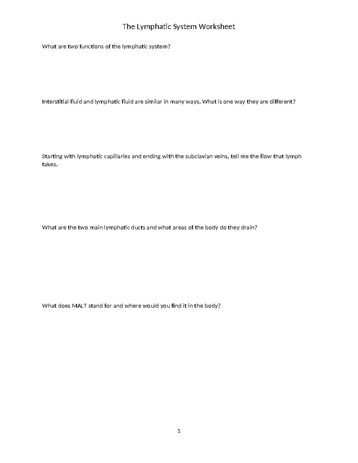 BIOS255 Week 4 Lymphatic System Worksheet - What are two functions of ...