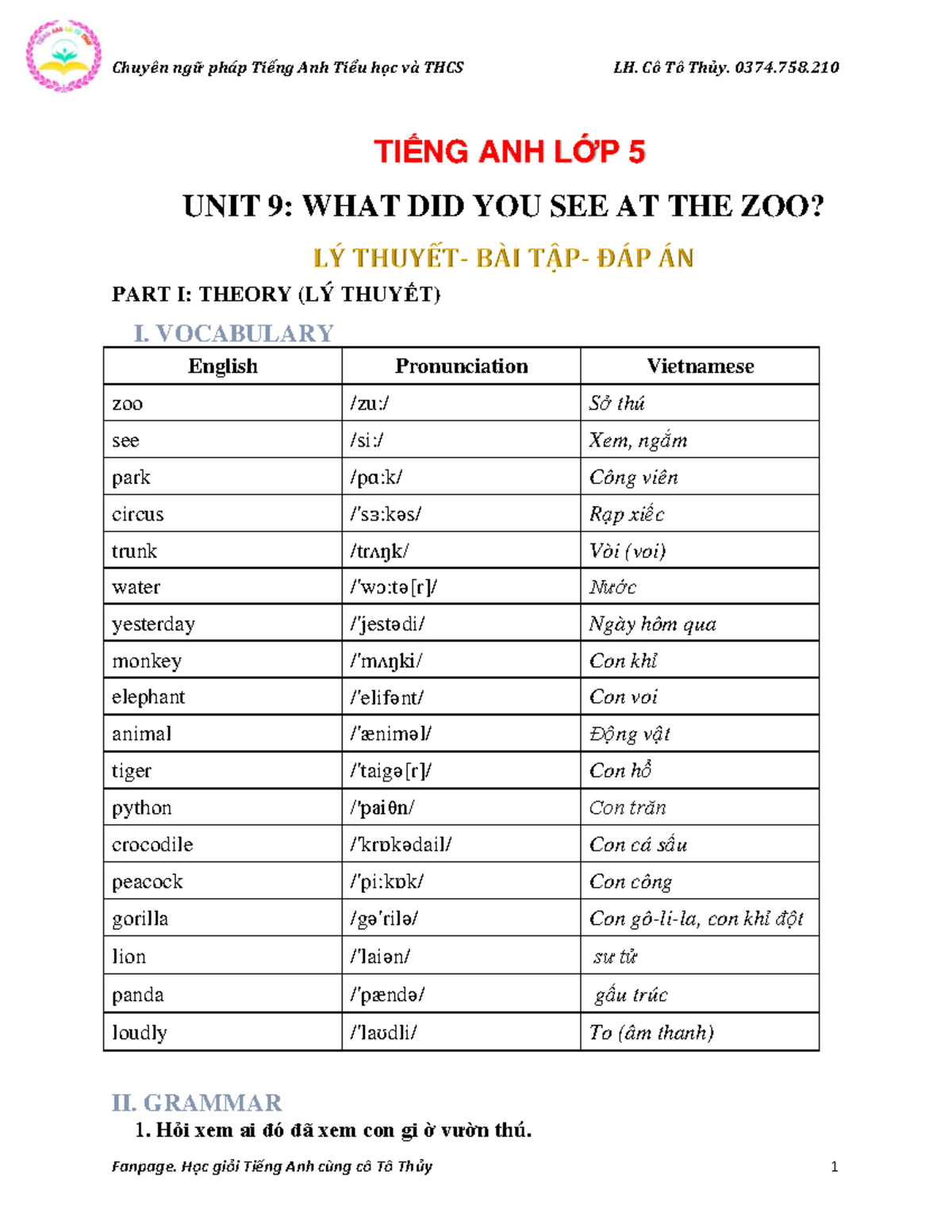 LOP 5- UNIT 9 - LY Thuyet- BAI TAP - DAP AN - PART I: THEORY (LÝ THUYẾT ...
