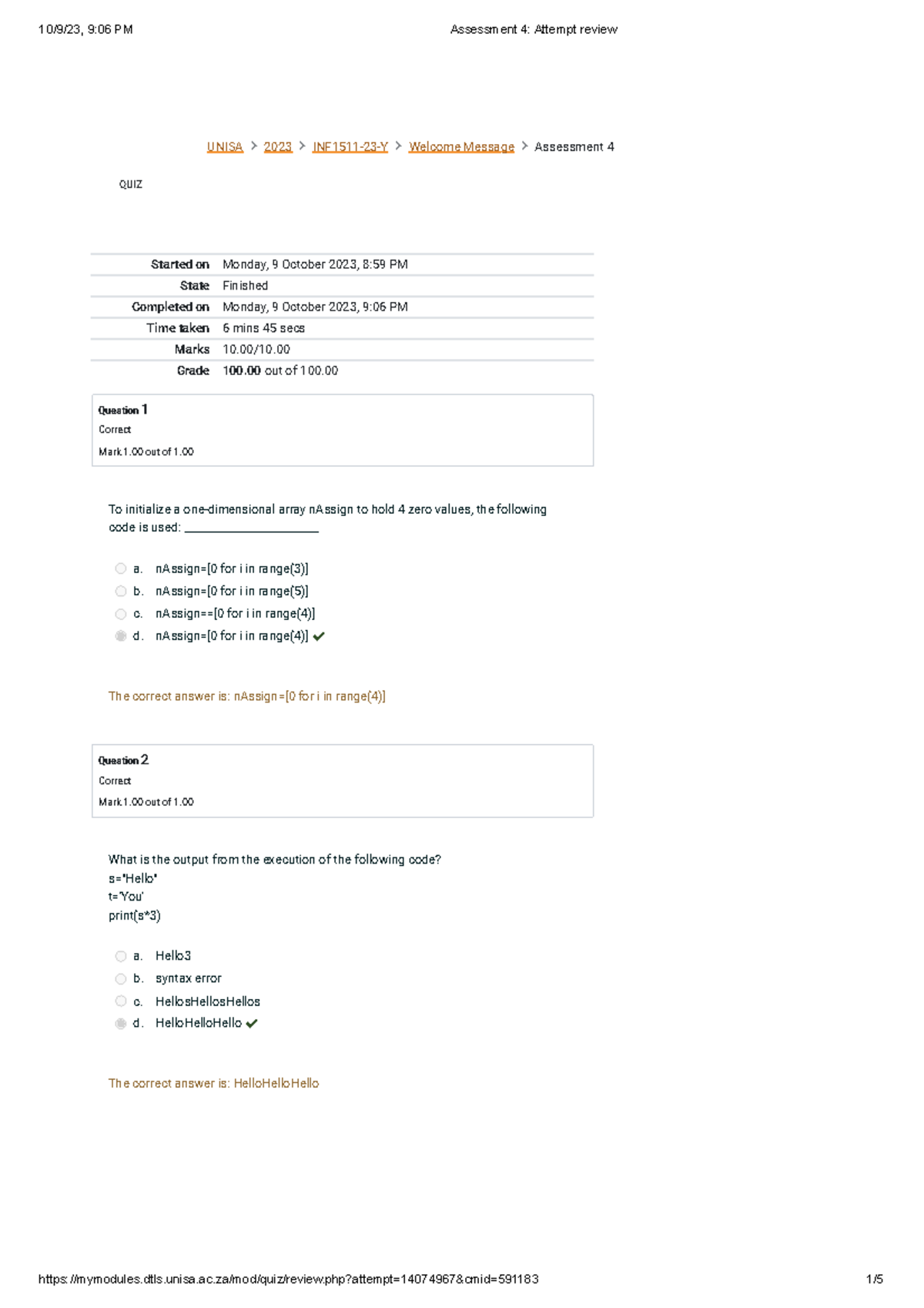 Assessment 4 Attempt review 2 - UNISA 2023 INF1511-23-Y Welcome Message Assessment 4 Started ...
