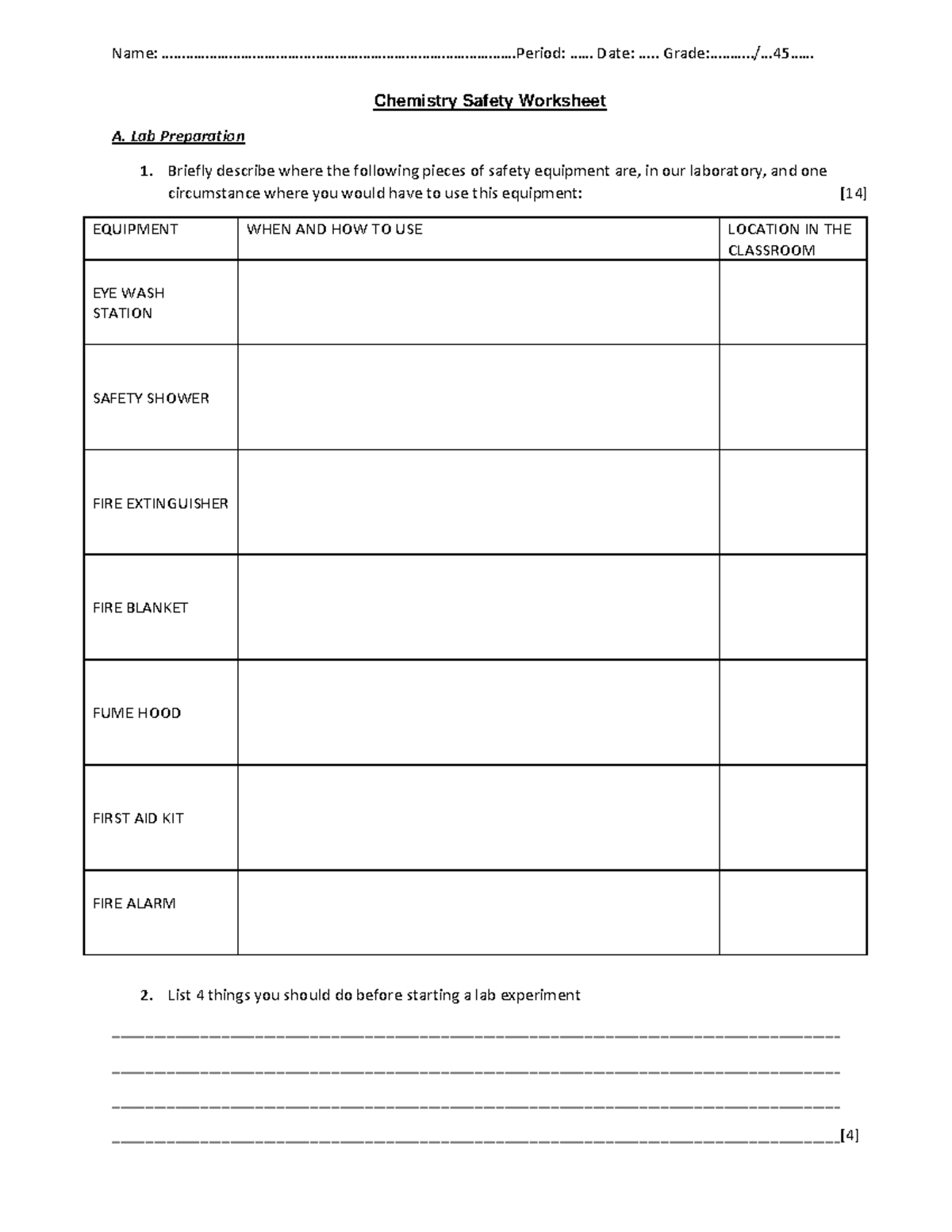 Safety Worksheet - ada - Name: - Studocu