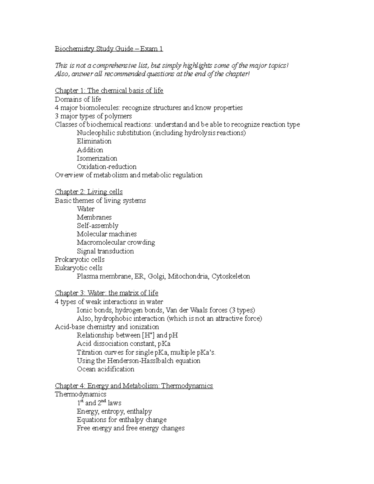 Bio 465 Study Guide Chs 1,2,3,4,5a F09 - Biochemistry Study Guide ...