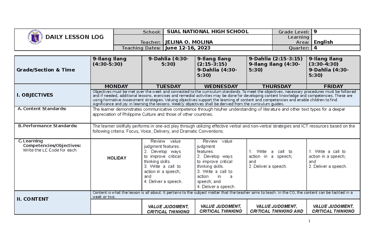 Grade 9-June 12-16, 2023 - DAILY LESSON LOG School: SUAL NATIONAL HIGH ...