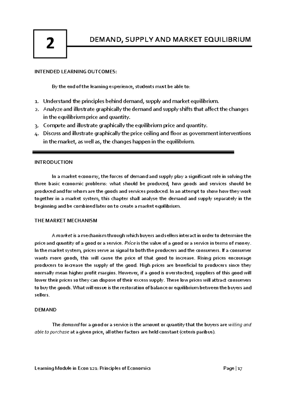 Economics Chapter-2 - DEMAND, SUPPLY AND MARKET EQUILIBRIUM INTENDED ...