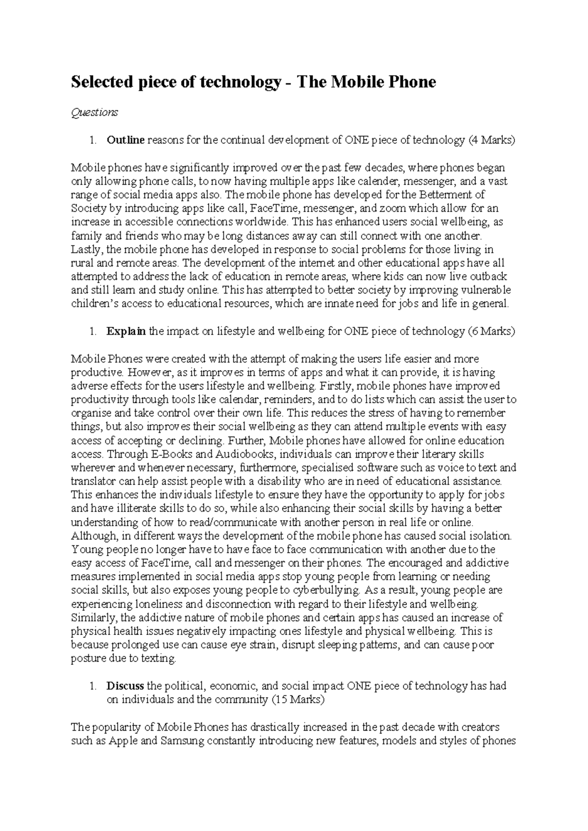 Exam style questions for the mobile phone - Selected piece of ...