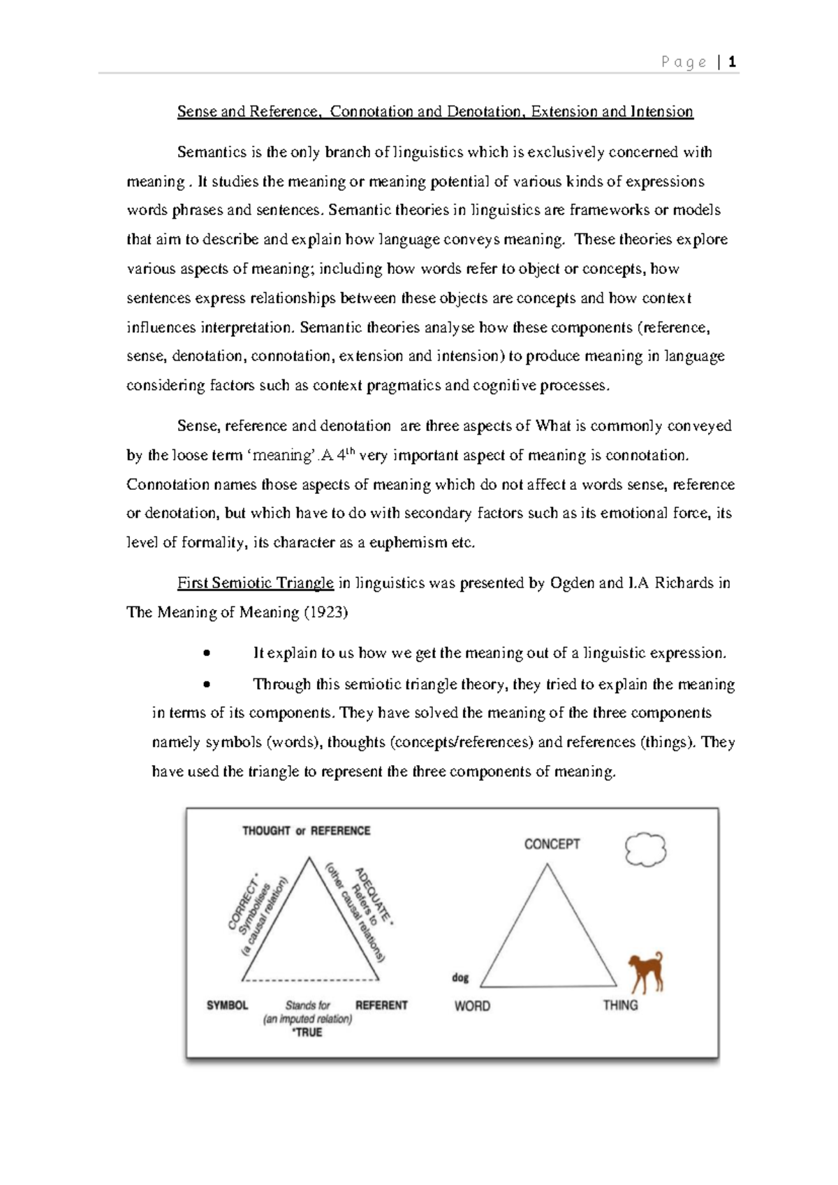 First Semiotic Triangle- Linguistics - Sense and Reference, Connotation and Denotation ...