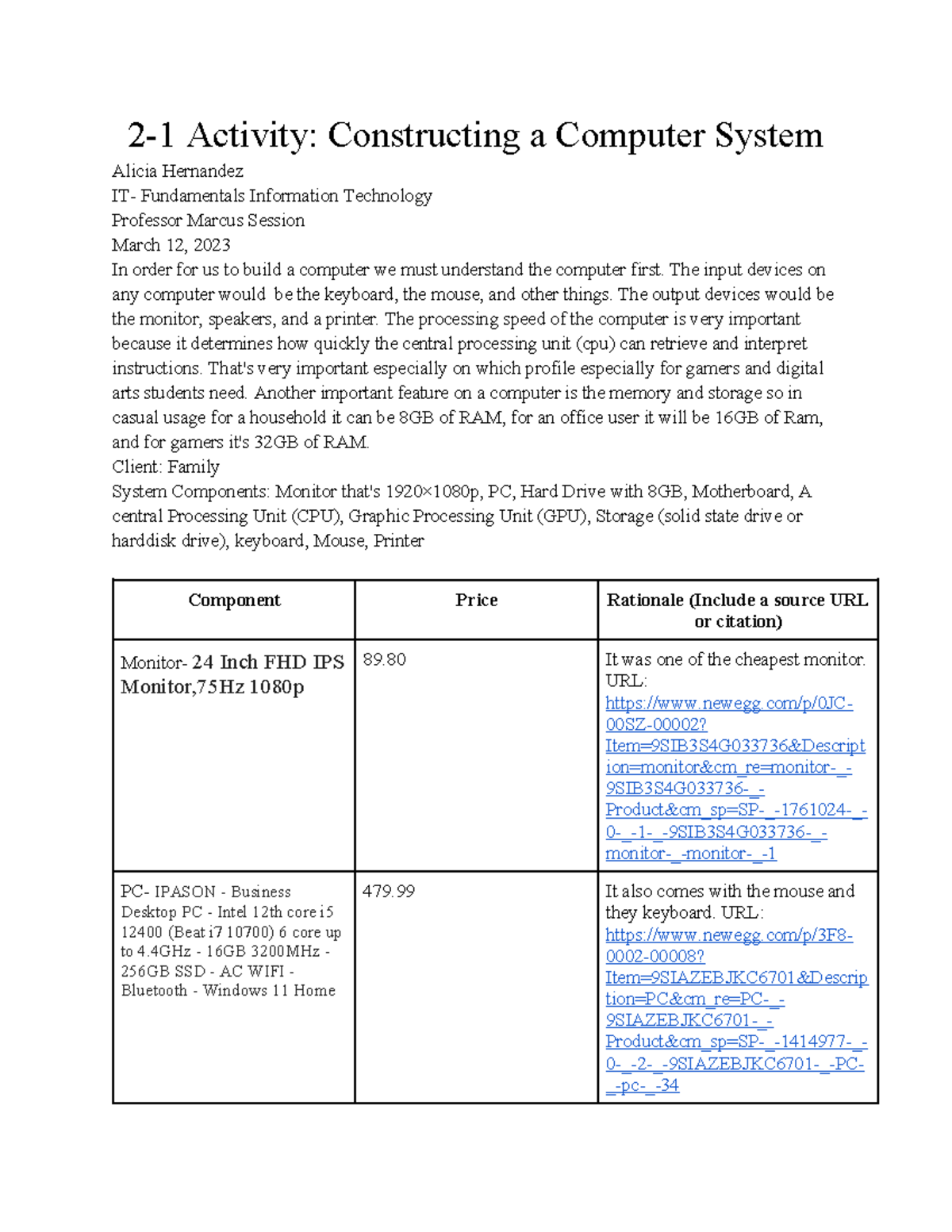 2-1 Activity Constructing a Computer System - The input devices on any computer would be the ...