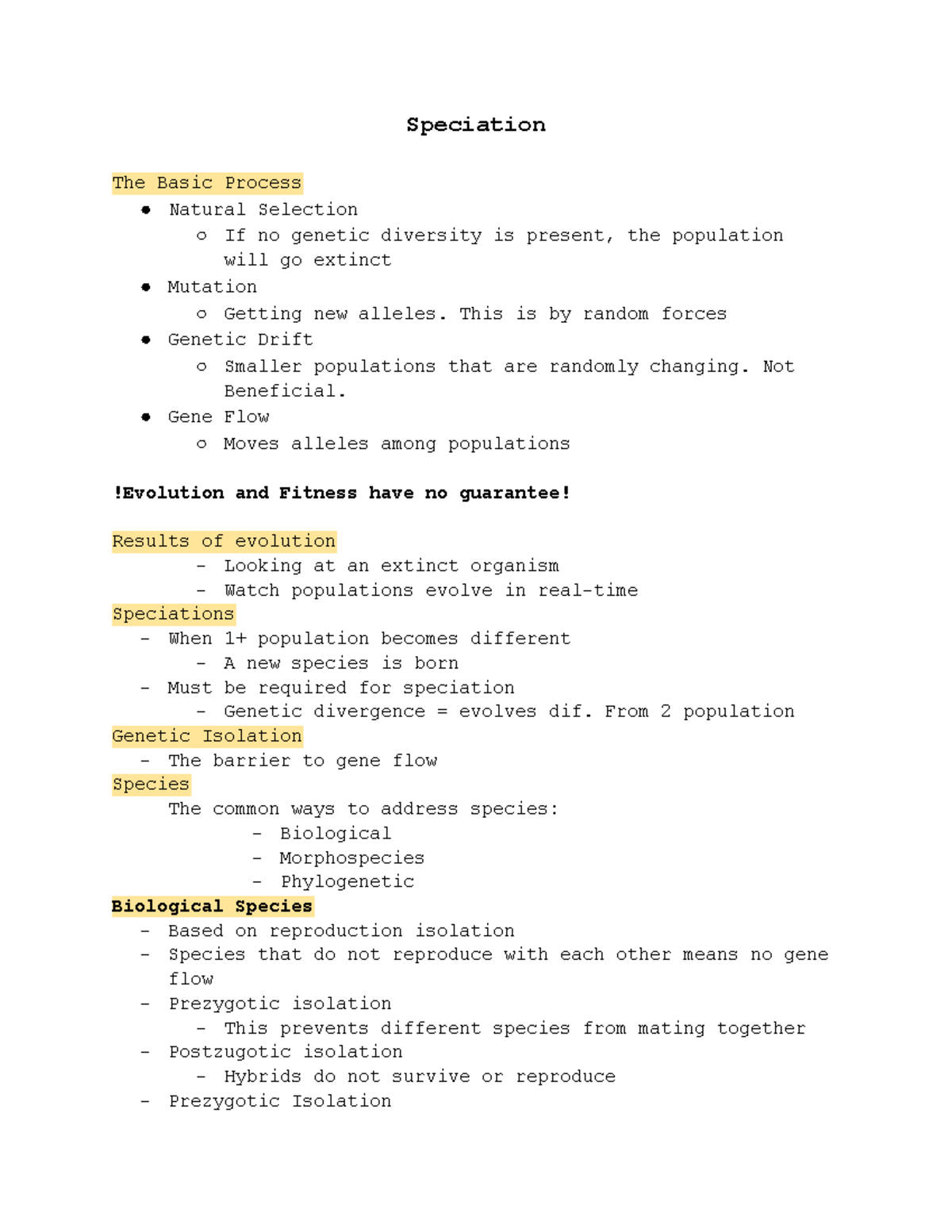 BIOL 1108 Speciation - Speciation The Basic Process Natural Selection ...