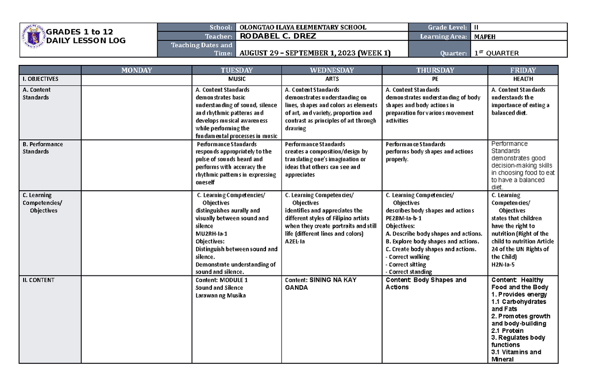 DLL Mapeh 2 Q1 W1 - examination - GRADES 1 to 12 DAILY LESSON LOG ...