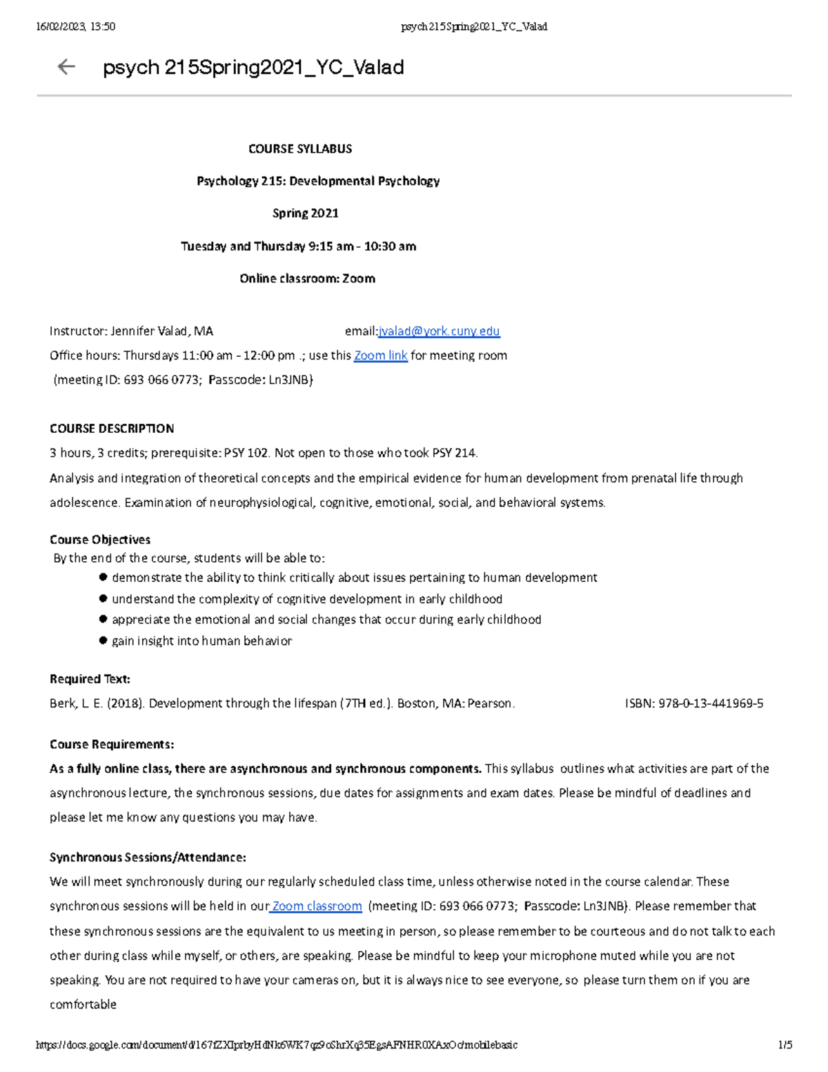 PSY 215 Human Development I - COURSE SYLLABUS Psychology 215 ...