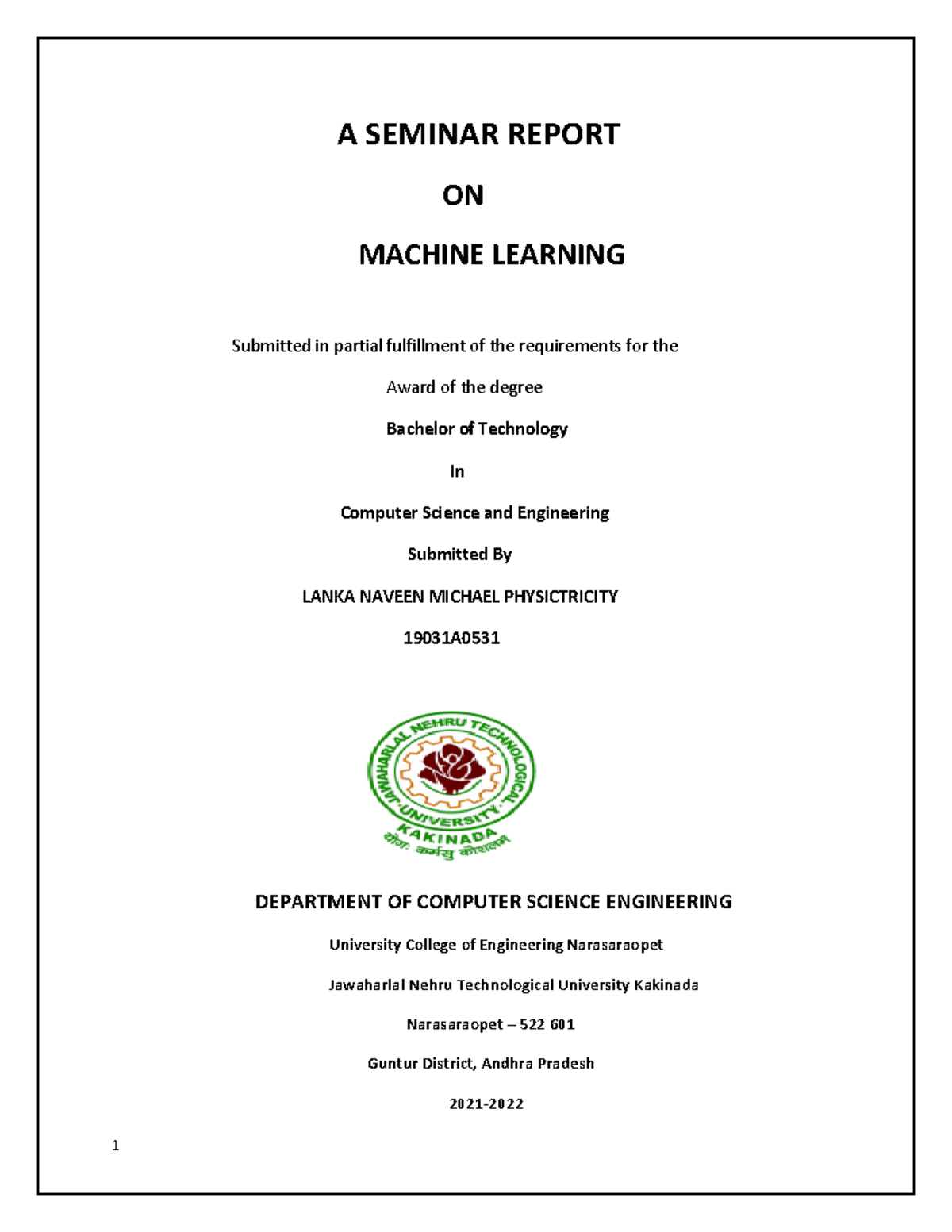 A Seminar Reportmachine Learning - A SEMINAR REPORT ON MACHINE LEARNING ...