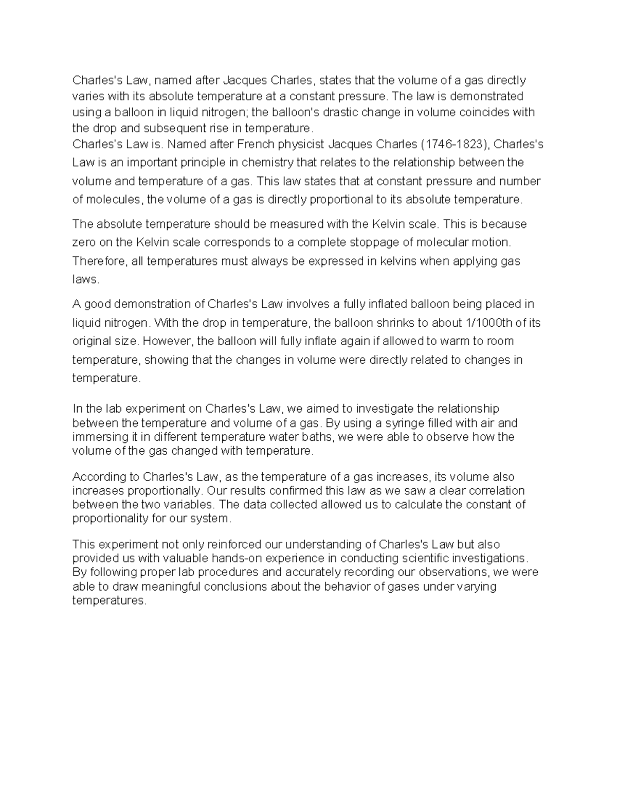 Lab Charles's Law Lab Report - Charles's Law, named after Jacques ...