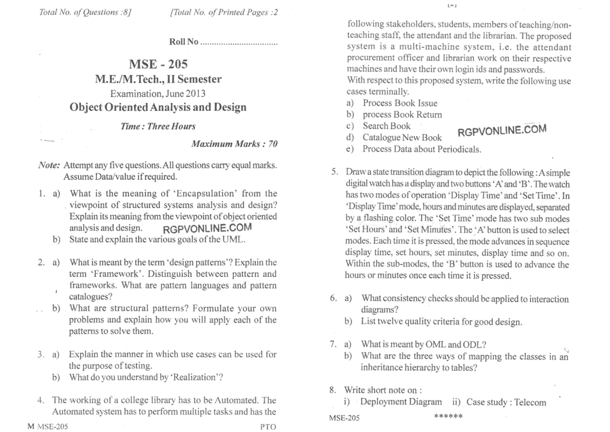 Mse 205 object oriented analysis and design dec 2015 - Total No. of ...
