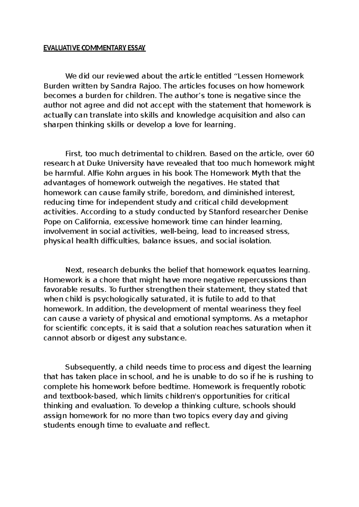 Evaluative Commentary Essay - EVALUATIVE COMMENTARY ESSAY We did our ...