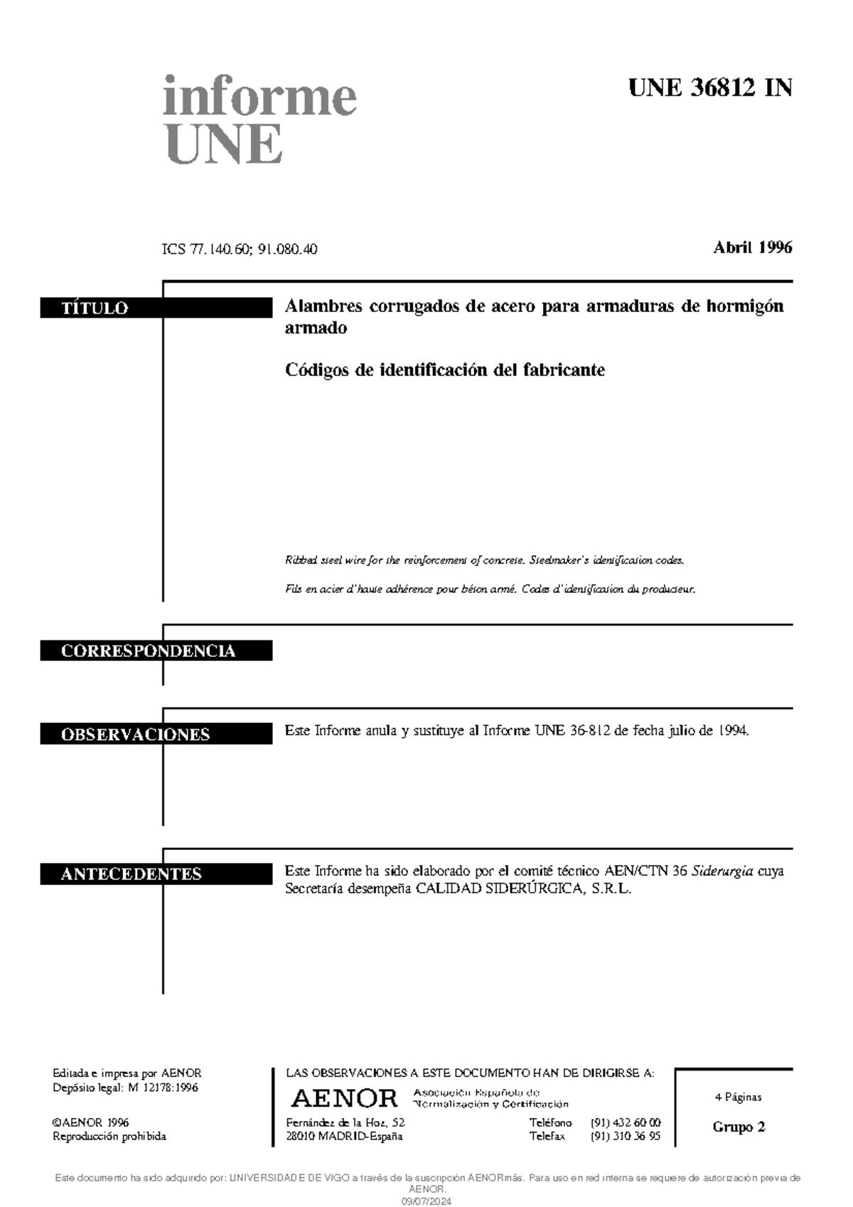 UNE 36812=1996 IN - Alambres corrugados de acero para armaduras de ...