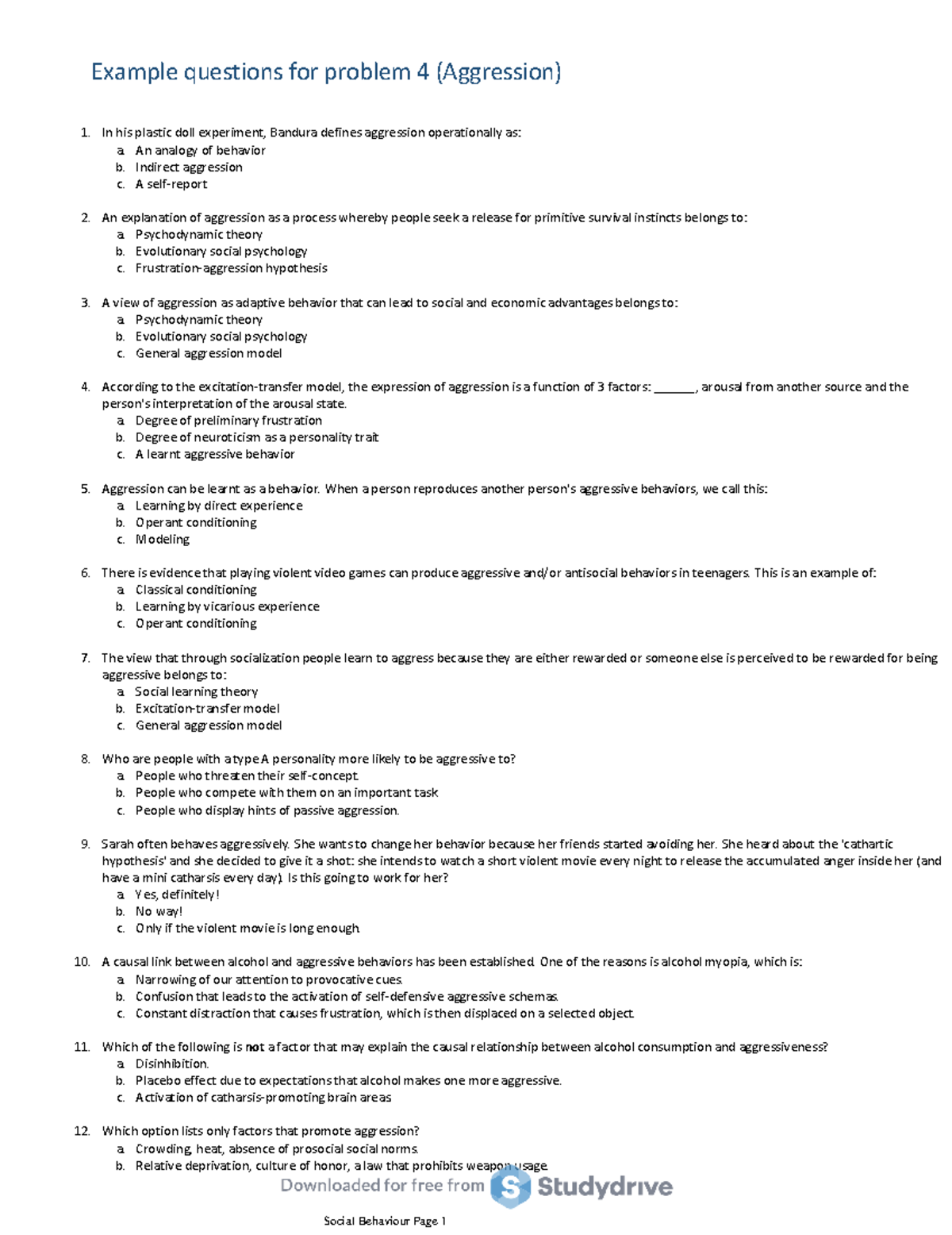 Example EXAM questions for problem 4 (Aggression) - In his plastic doll ...