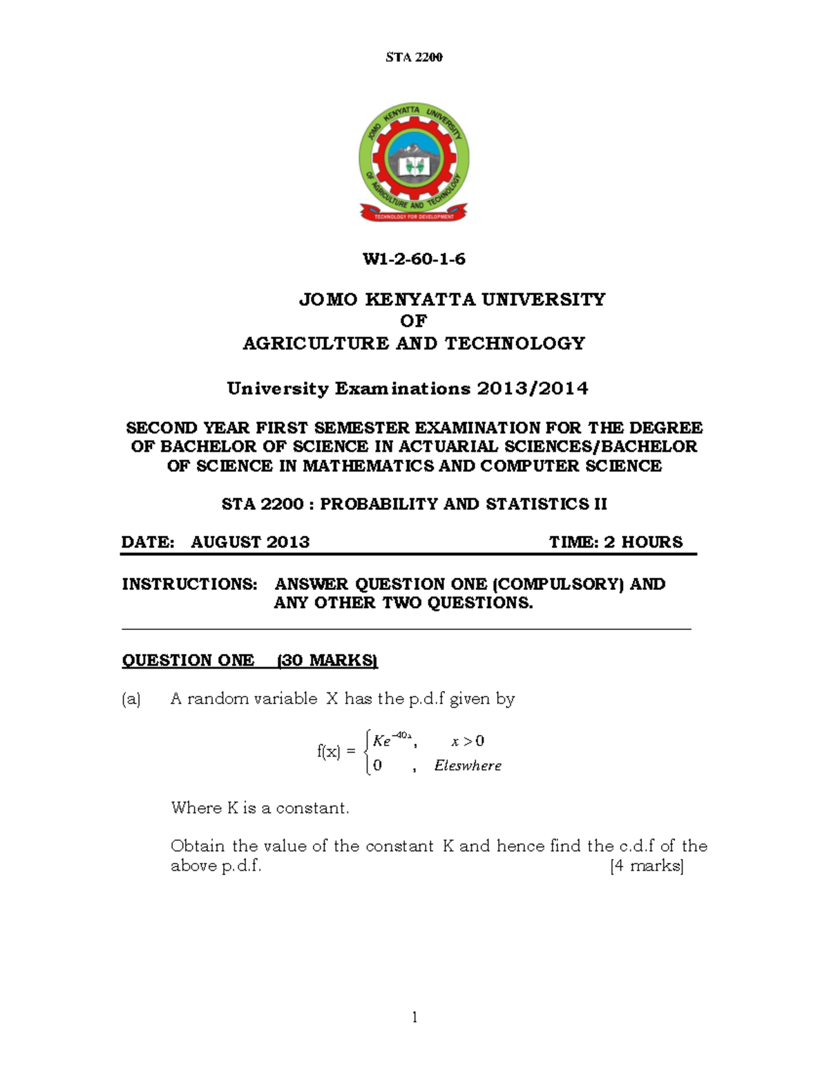 Probs AND Stats - Past paper - W1- 2 - 60 - 1 - 6 JOMO KENYATTA ...
