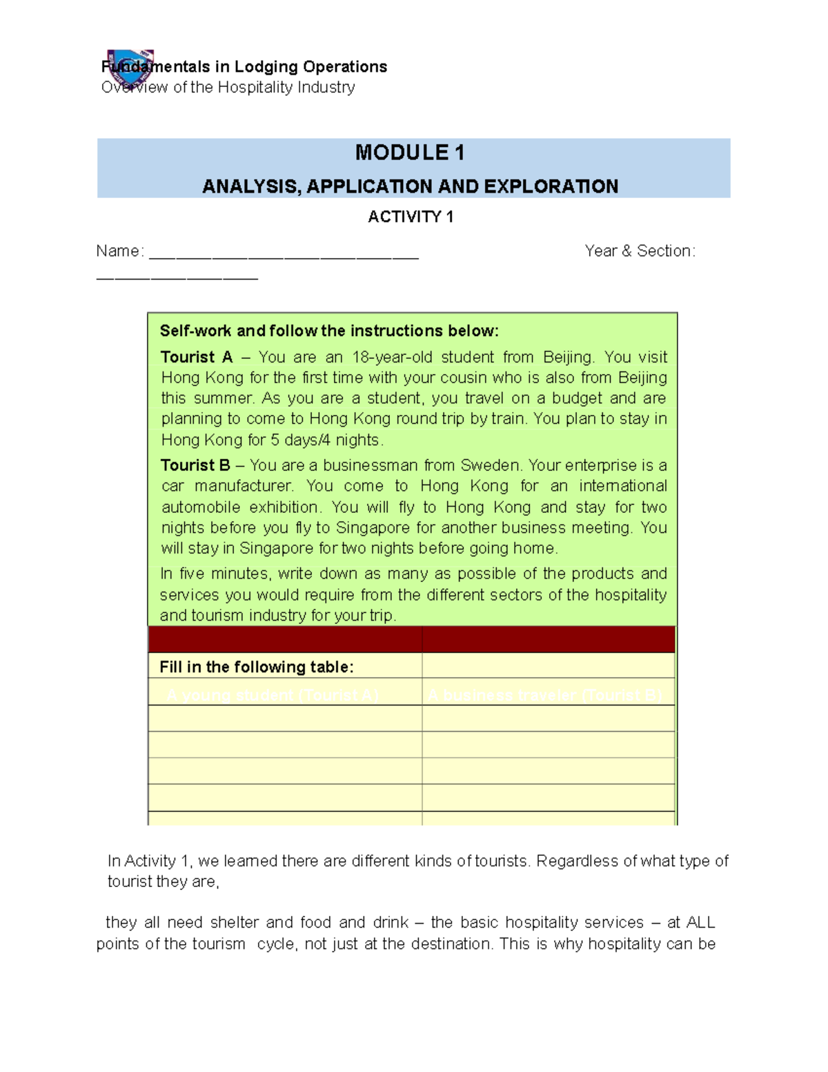 App Module 1 - Lecture notes 3 - Overview of the Hospitality Industry ...