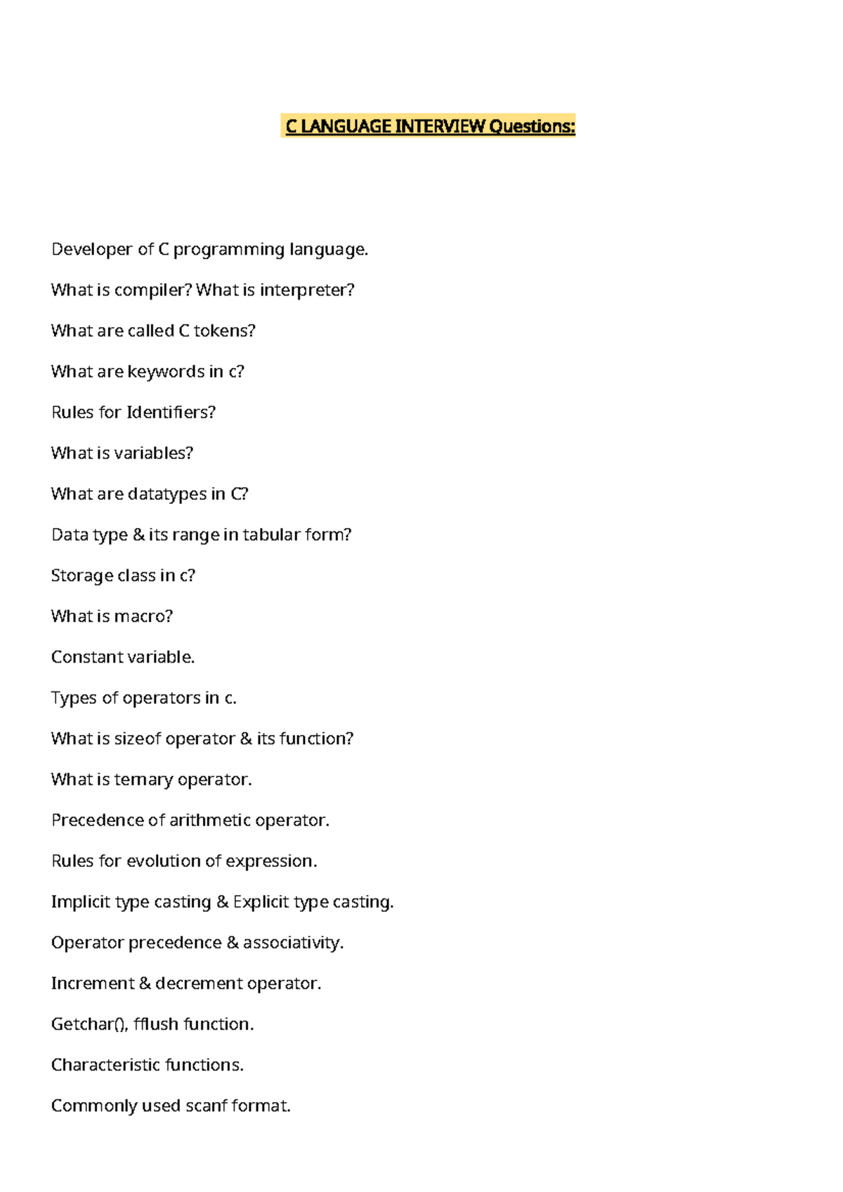 C Interview Questions Jgjf C Language Interview Questions Developer Of C Programming
