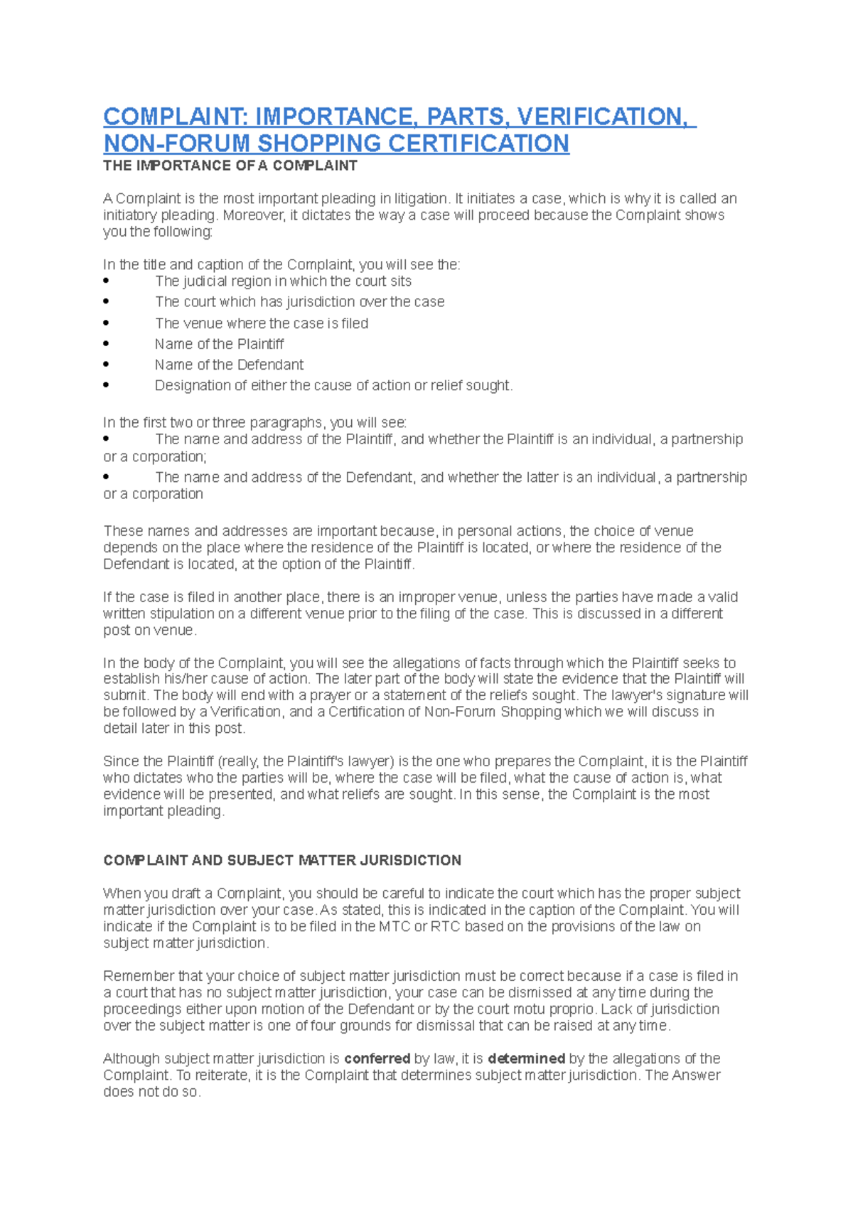 Complaint atty quinto - COMPLAINT: IMPORTANCE, PARTS, VERIFICATION, NON ...