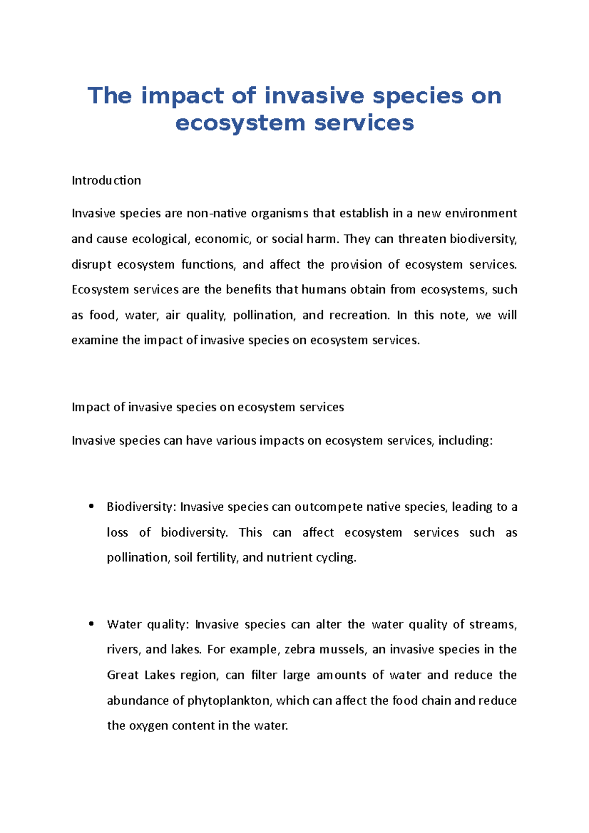 The impact of invasive species on ecosystem services - The impact of ...