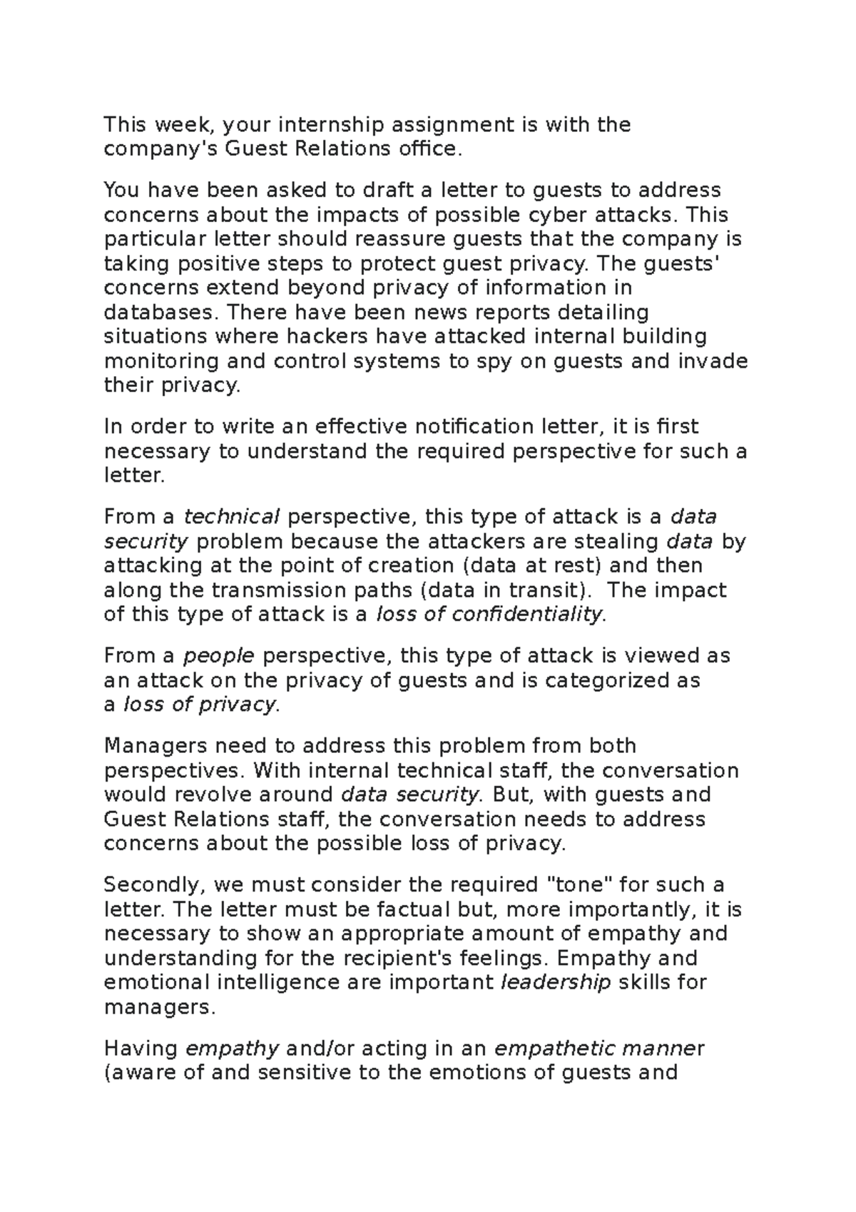 CSIA300 Week 2 Discussion Responding to Guest Concerns about ...