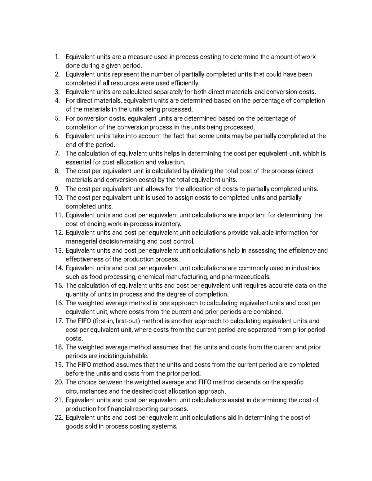 Equivalent units and cost per equivalent unit calculations Notes ...