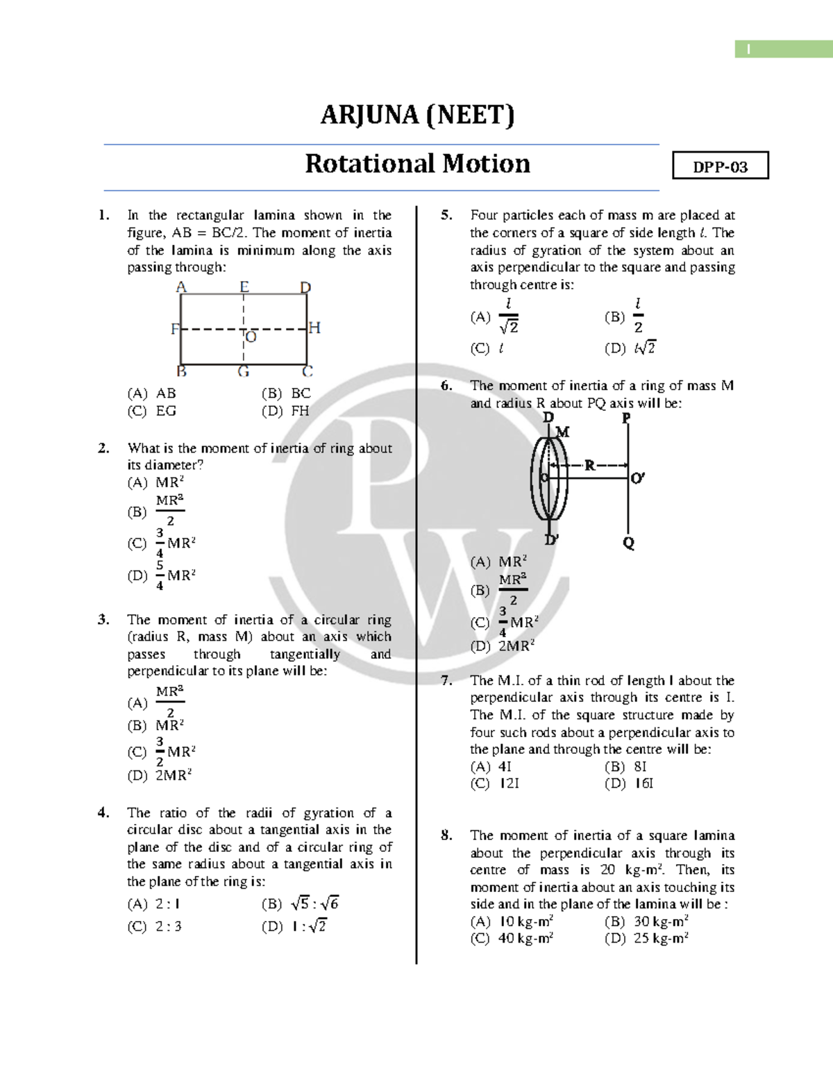 Rotational Motion DPP 03 - 1 ARJUNA (NEET) Rotational Motion In the ...