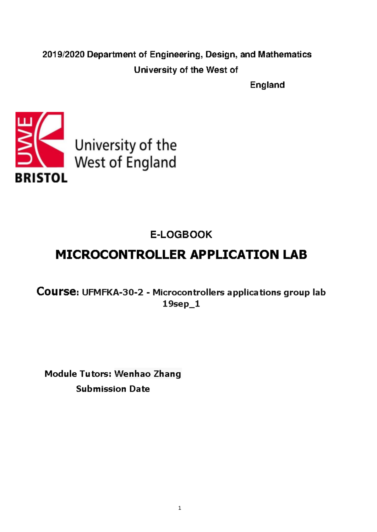 Elogbook Microcontroller Application LAB 2019-2020 - 2019/2020 Department of Engineering, Design ...