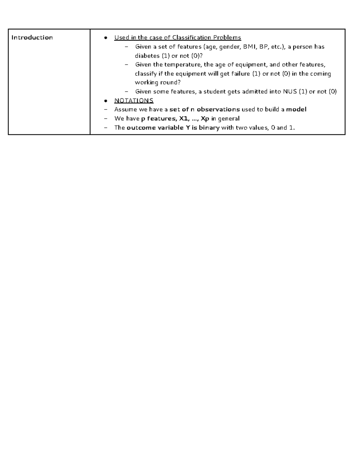 DSA1101 Logistic Regression - Introduction Used in the case of Classification Problems - Given a ...