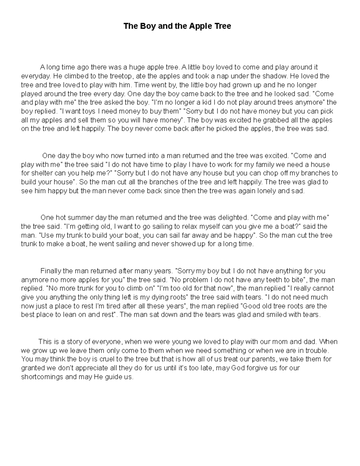 The Boy and the Apple Tree - A little boy loved to come and play around ...