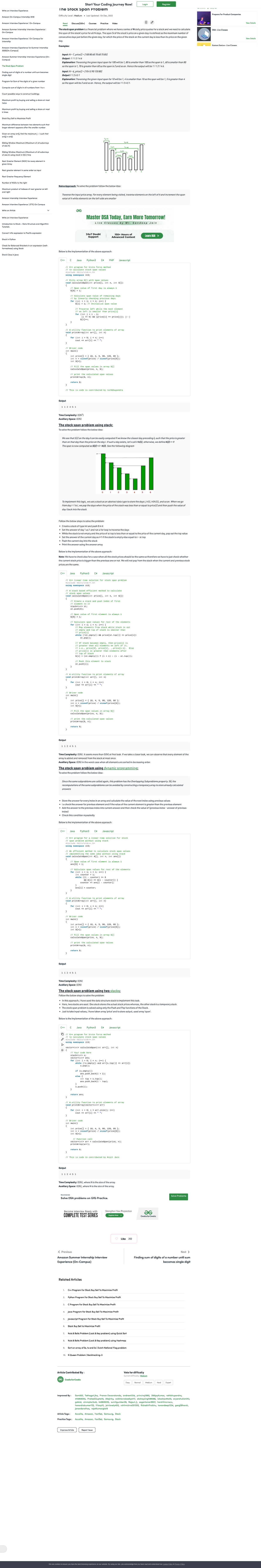 Geeksforgeeks Org The Stock Span Problem Removed Write An Article