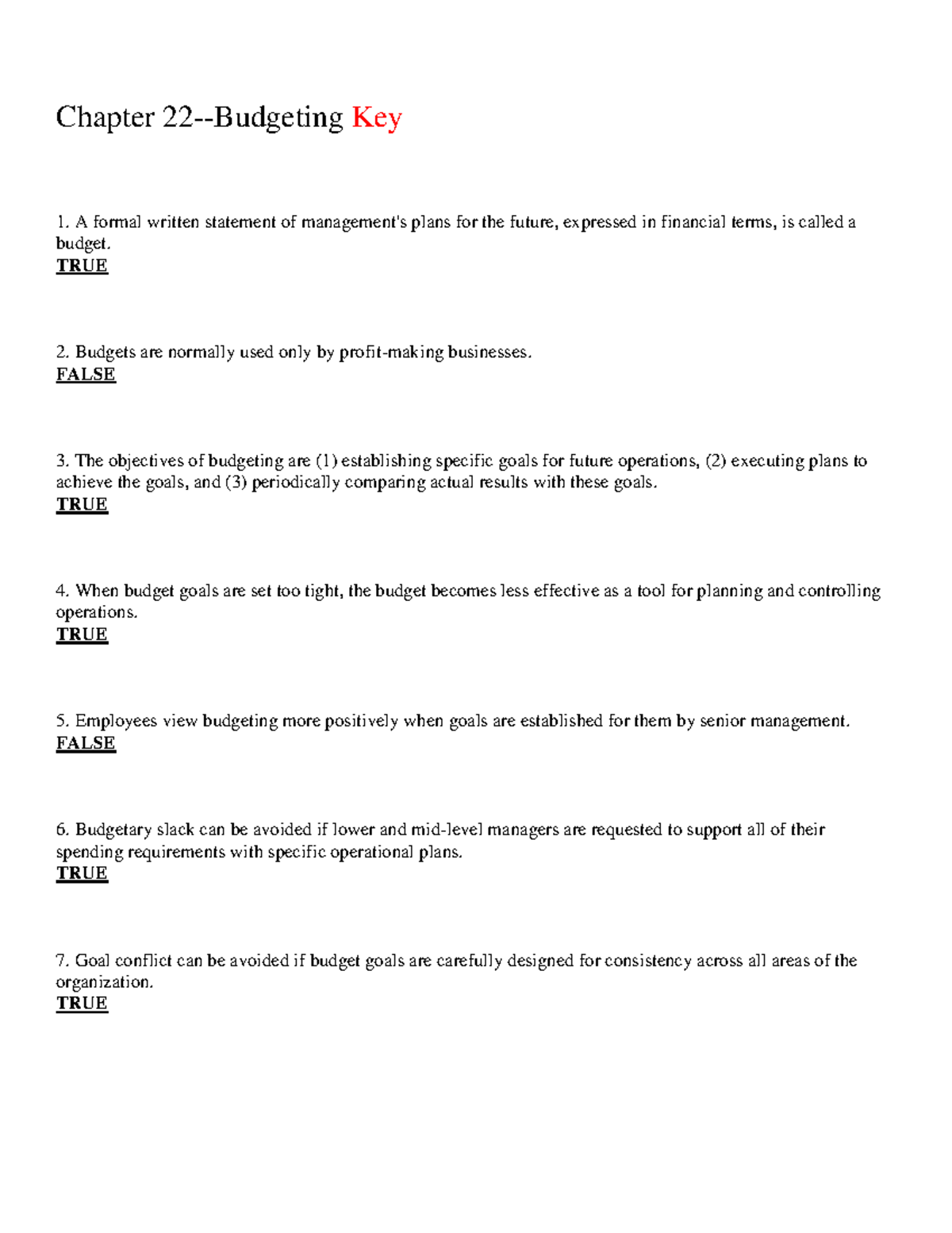 CH6 - SHORT-TERM BUDGETING - Chapter 22-Budgeting Key 1. A formal ...